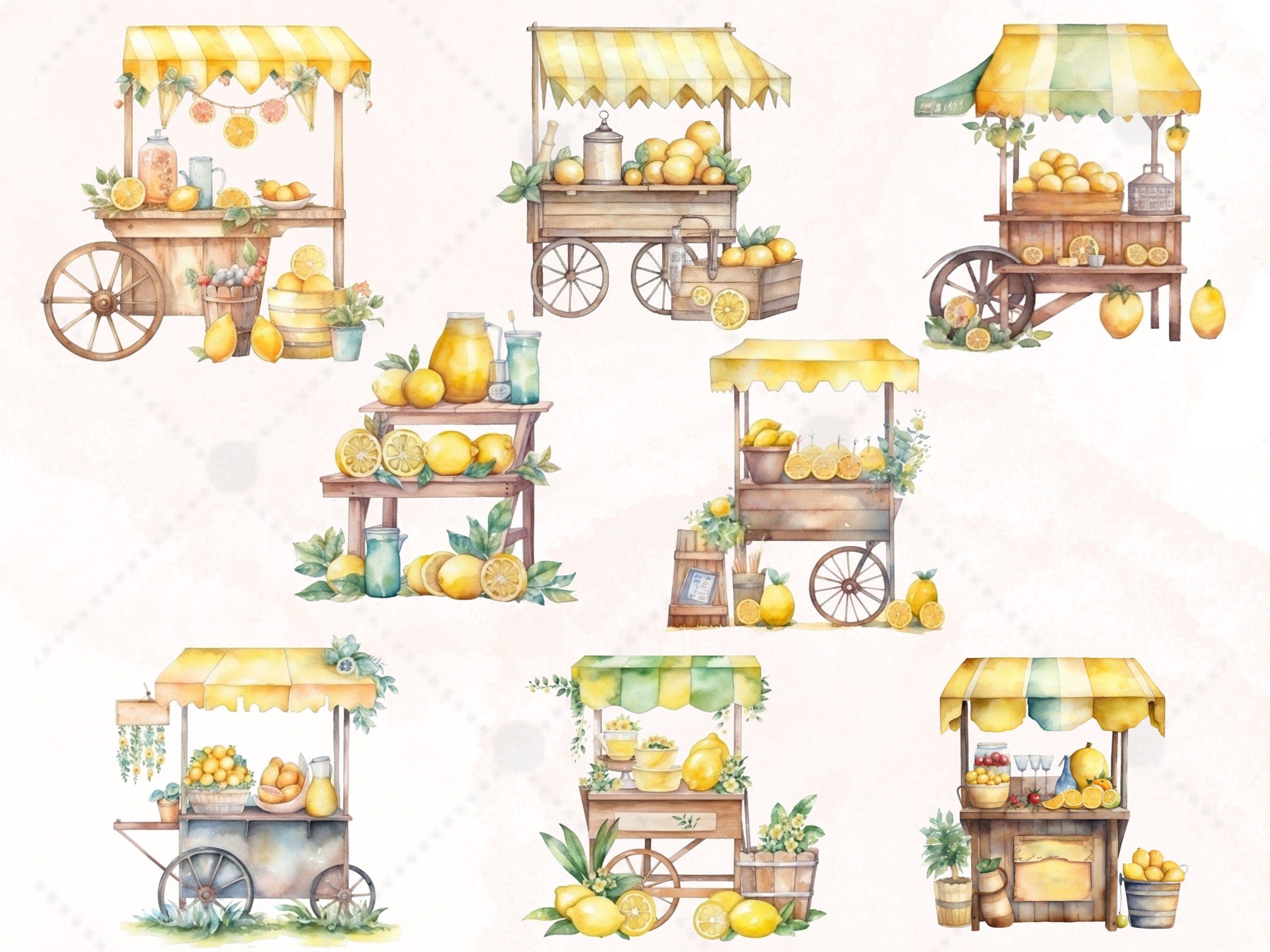 Lemonade Stand Clipart, Watercolor Lemonade Stand, Lemons, Digital Art ...
