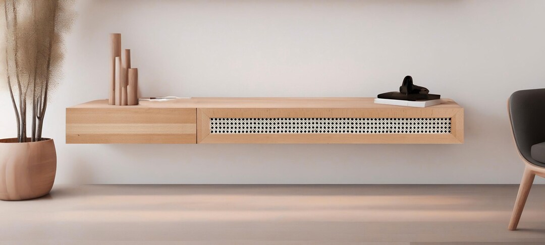 Wall-mounted Rattan Tv Stand, Rattan Media Console, Floating TV Unit ...