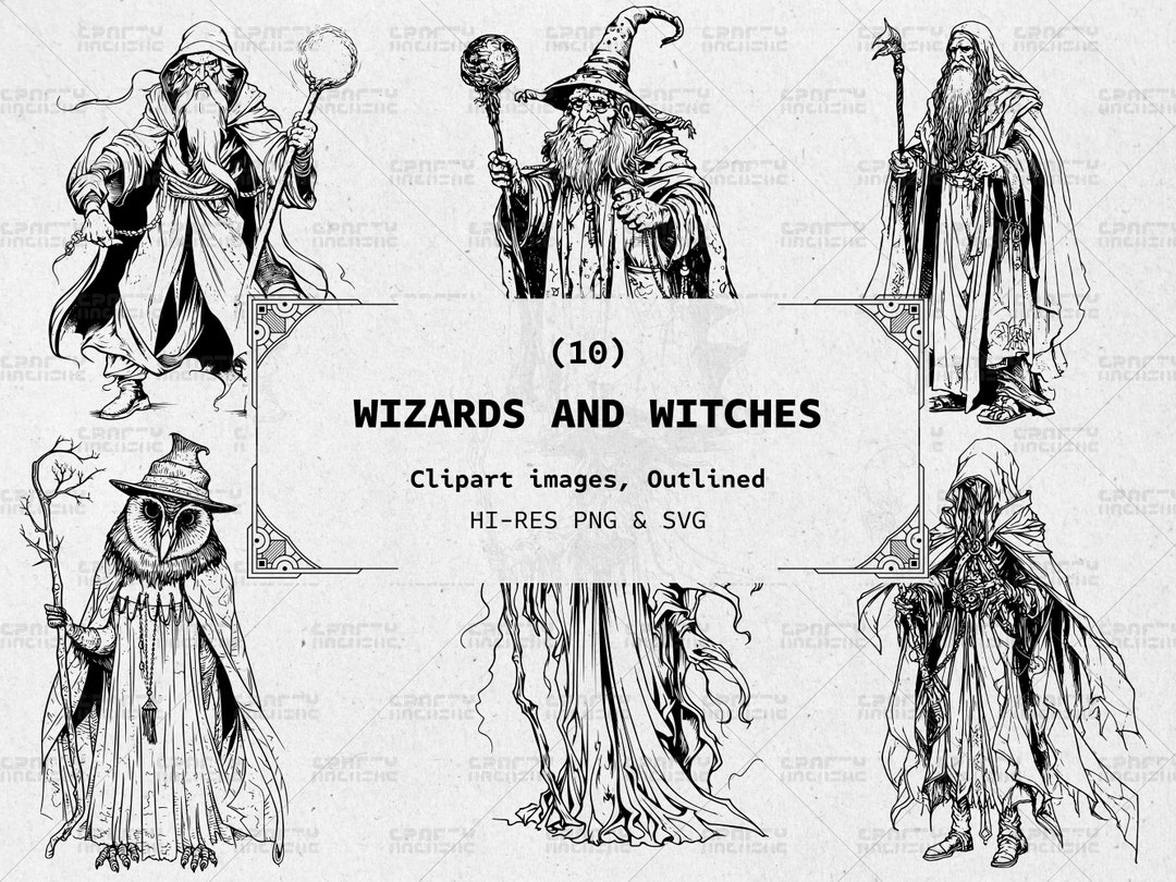 10 Wizard and Witches Clip Art Outlines Digital Download - Etsy