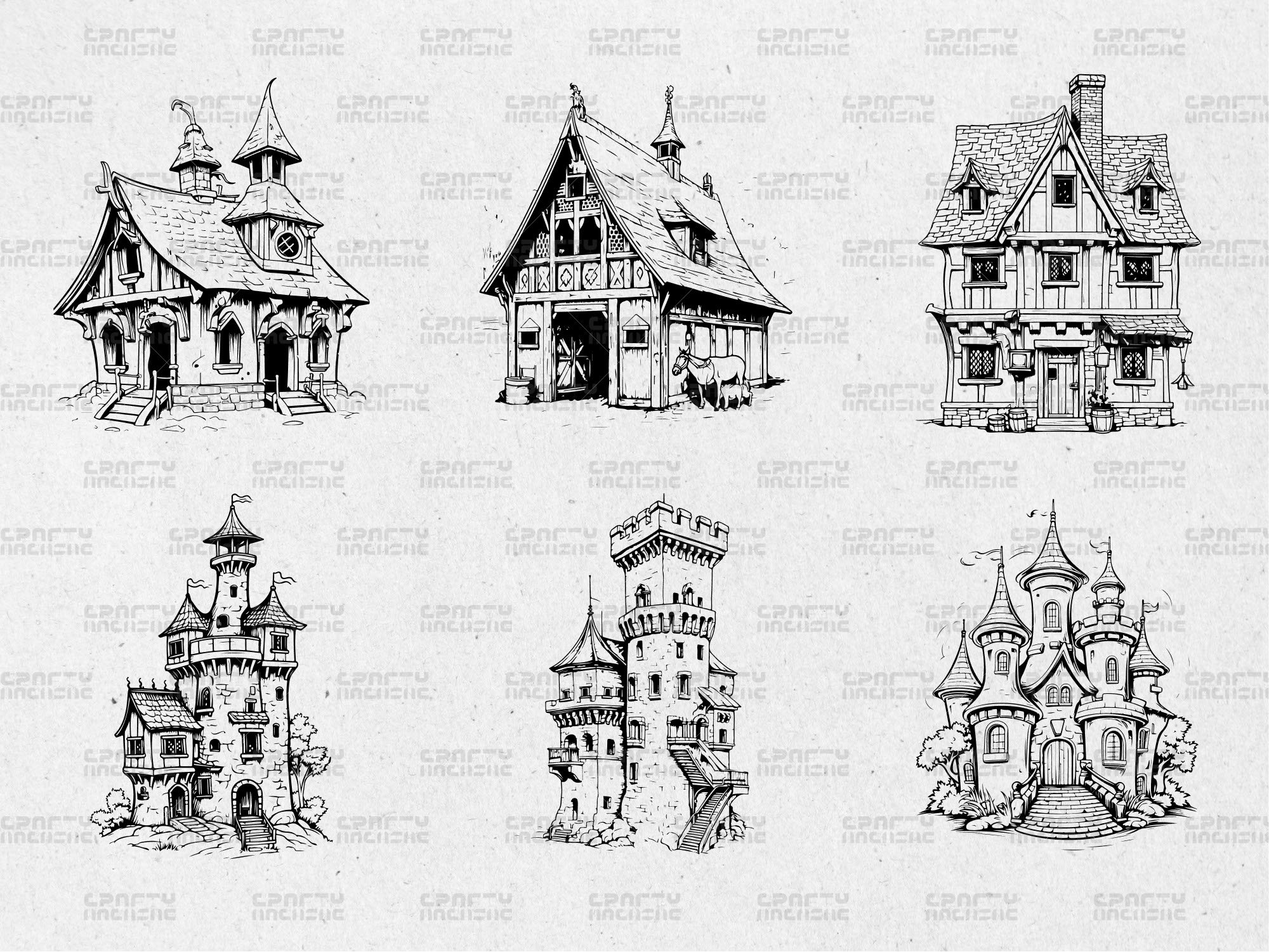 20 Fantasy Buildings Clip Art, Outlines, Digital Download, Transparent ...