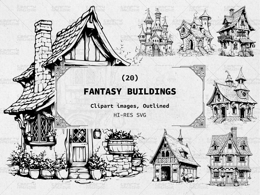 20 Fantasy Buildings Clip Art, Outlines, Digital Download, Transparent ...