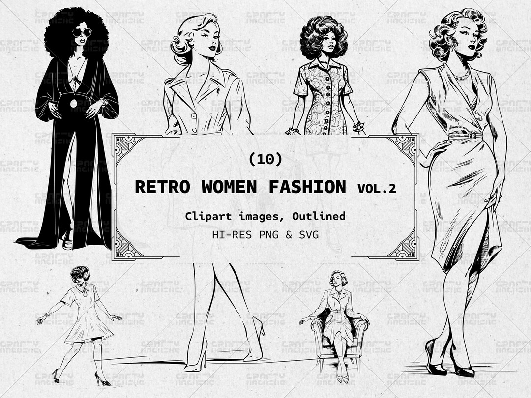 10 Retro Women Fashion Clip Art, Outlines, Digital Download ...