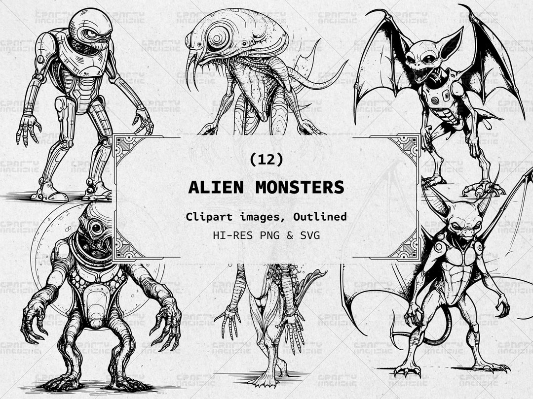 12 Alien Monsters Clip Art Outlines Digital Download - Etsy