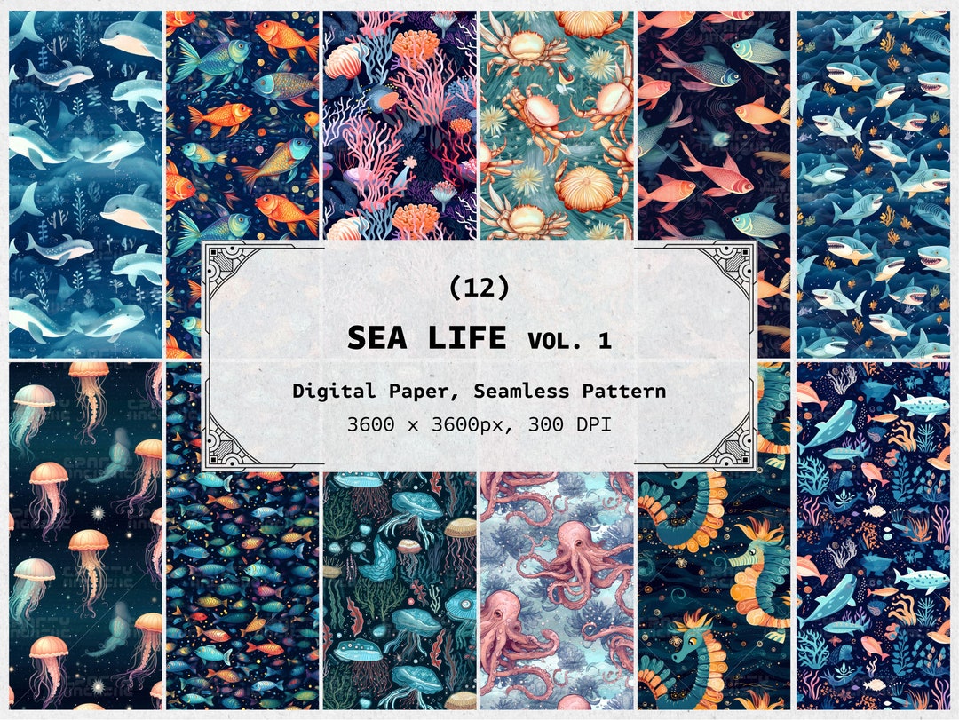 12 Sea Life Seamless Patterns Digital Download, Hi-res Images, Vol. 1 - Etsy