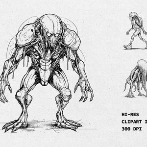 12 Alien Monsters Clip Art, Outlines, Digital Download, Transparent PNG ...