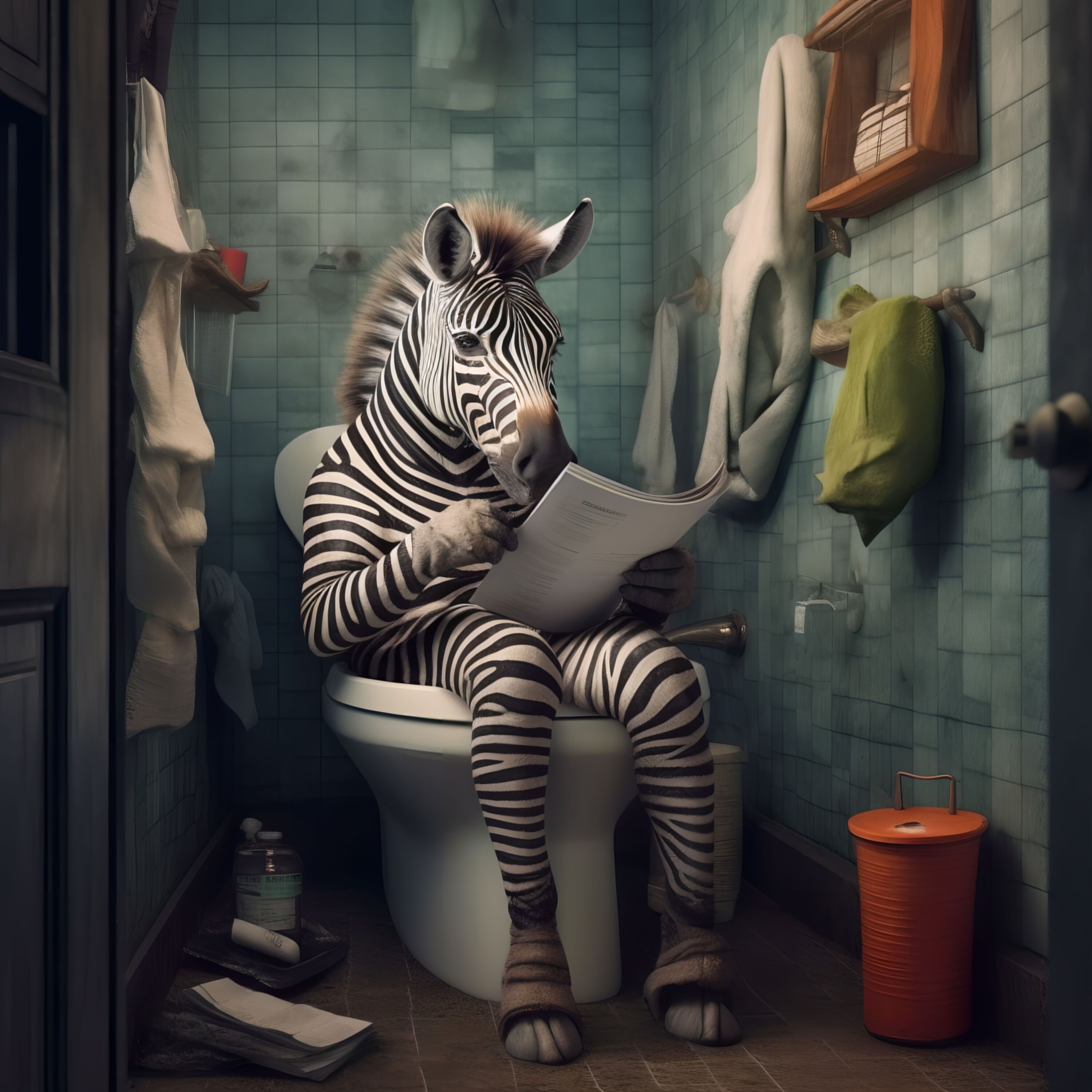 Safari Animals Sitting on the Toilet Reading a Newspaper, Funny ...