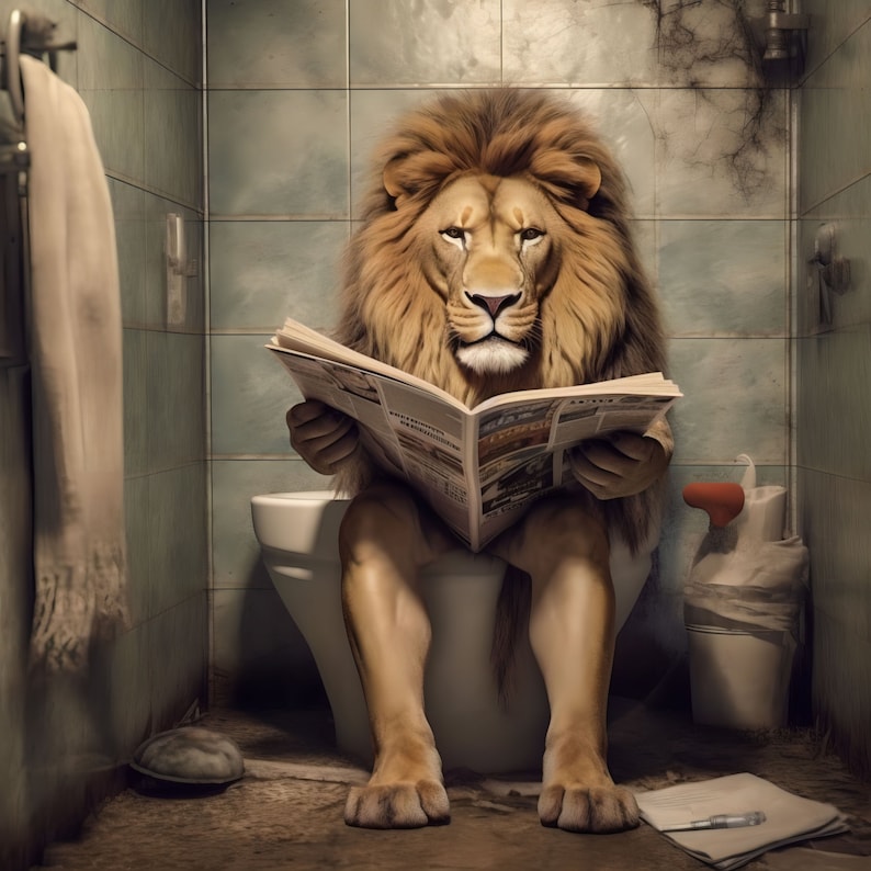 Safari Animals Sitting on the Toilet Reading a Newspaper, Funny ...