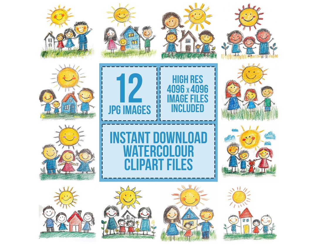 12x Family Drawing Clipart, Children Crayon Art, High Quality Jpgs ...