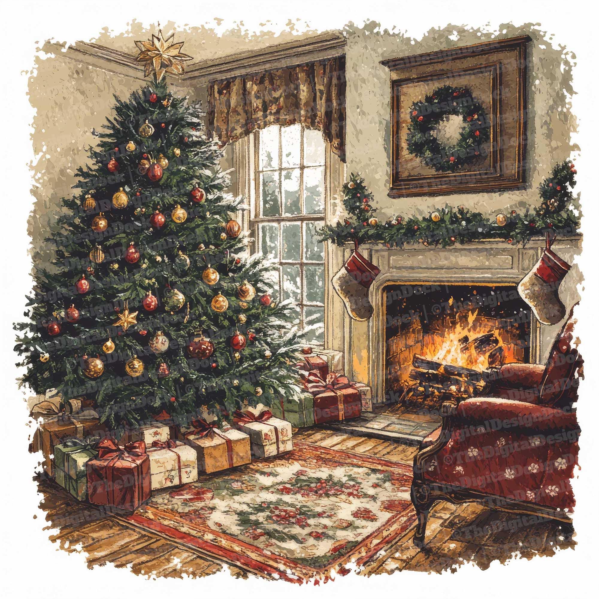 12 Cozy Christmas Scene Clipart, Watercolor Holiday Fireplace ...
