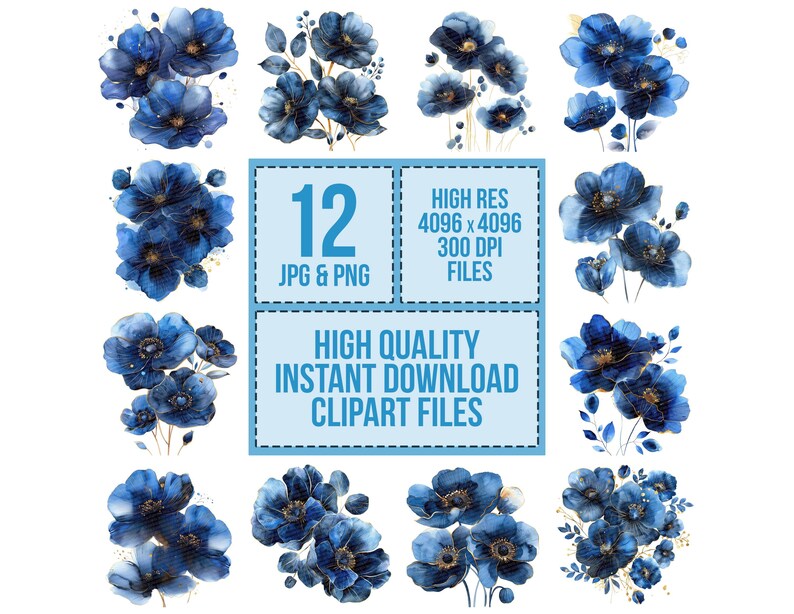Midnight Blue Flower Clipart, 12x Watercolor Floral Clip Art Set ...