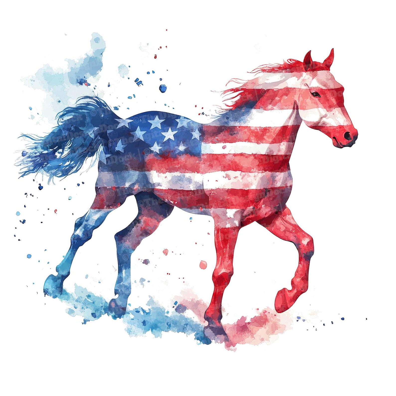 12 USA Flag Horse Clipart, American Flag Art, Watercolor Patriotic Art ...
