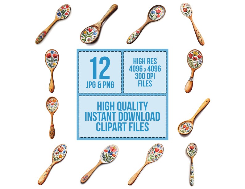 Folk Floral Spoon Clipart, 12x Hand-painted Floral Spoons Clip Art Set ...