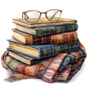 12 Vintage Books Clipart, Watercolor Stack of Books Illustration ...