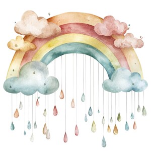 12x Watercolor Rainbow and Clouds Clipart, Hanging Raindrops ...