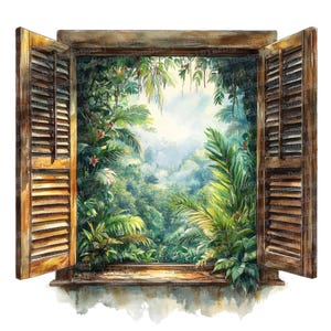 12x Tropical Jungle Clipart, Forest Window Scene, Printable Watercolor ...