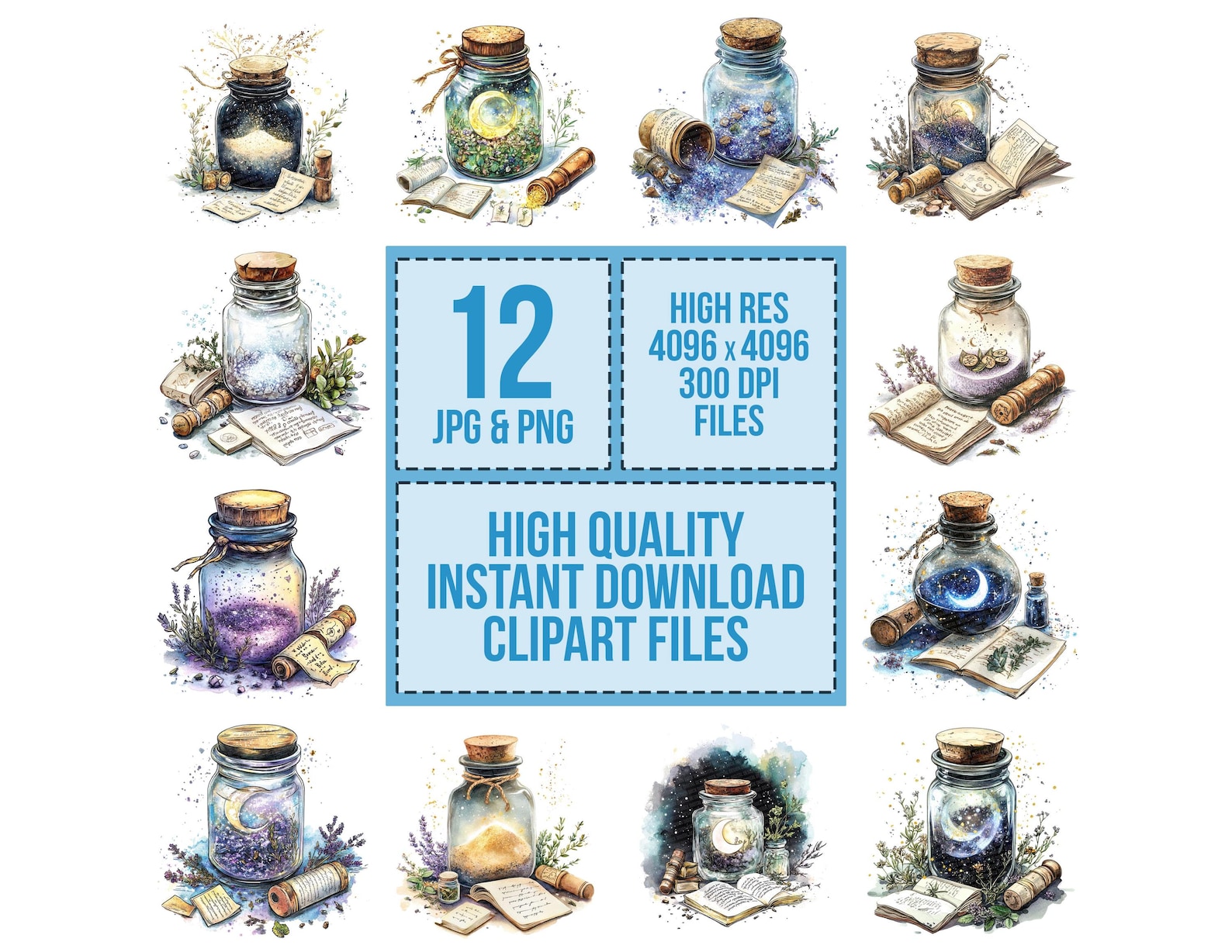 Spell Jar PNG Clipart, 12x Moon Dust Potion Clip Art Set, Printable ...