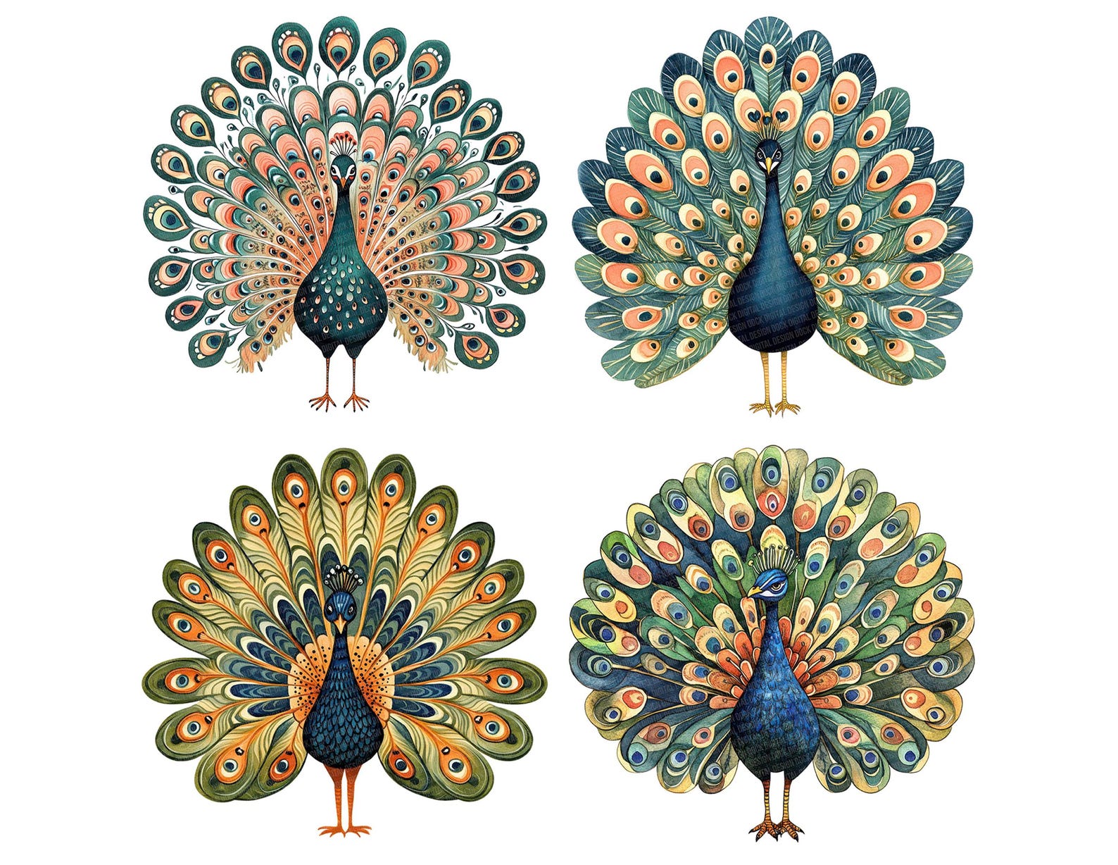 Peacock PNG Clip Art, 12x Folk Art Front Facing Peacock Clipart Set ...