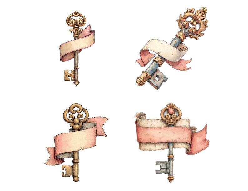 Vintage Key PNG Clip Art, 12x Banner Scroll Clipart Set, Printable ...