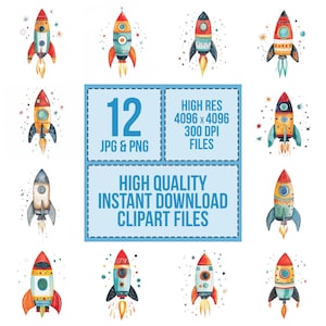Rocket Ship Clip Art, 12x Watercolor Space PNG Clipart Set, Printable ...