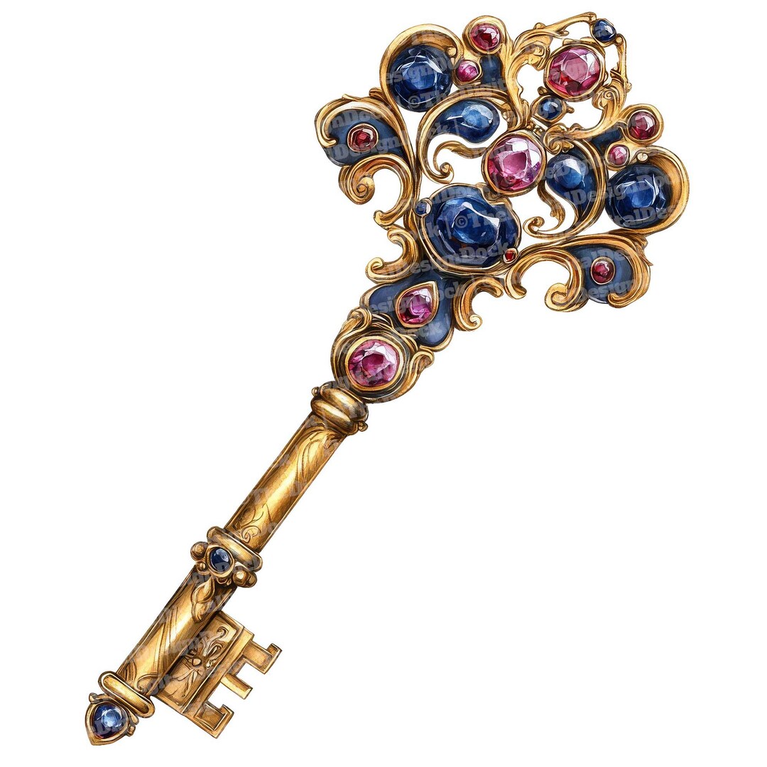 Jeweled Key Clip Art, 12x Watercolor Key With Gems Clipart Set ...