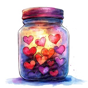 12x Jar of Heart Clipart, Watercolor Hearts in a Jar, Love Clipart ...