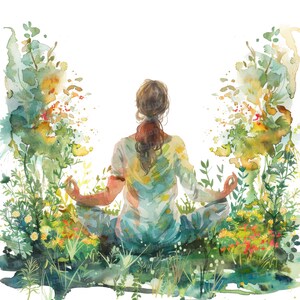 12x Yoga Watercolor Clipart, Yoga in Garden Clipart, Printable ...