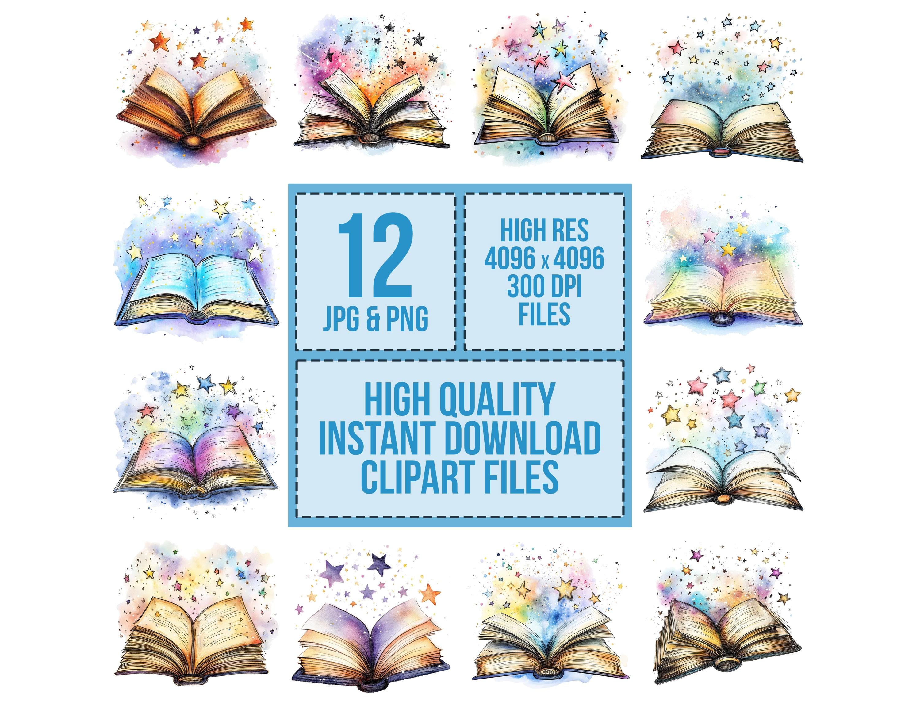 Magic Book PNG Clipart,12x Watercolor Open Book With Stars Clip Art ...