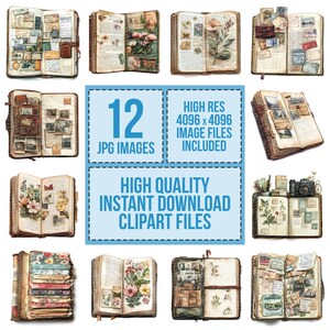 12 Vintage Junk Journal Clipart, Watercolor Journal Pages Art ...