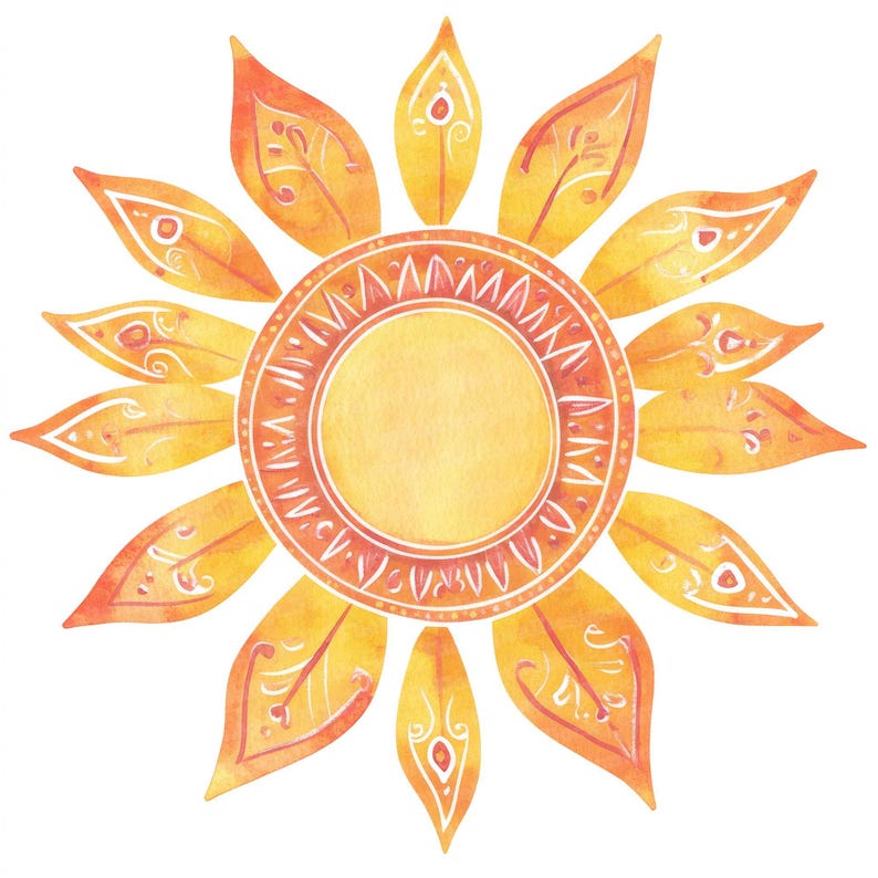Folk Art Sun Clip Art, 12x Decorative Sun Clipart Set, Watercolor Boho ...