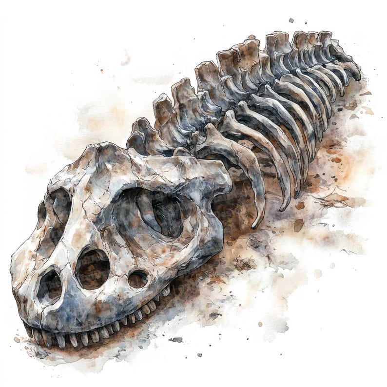 12 Dinosaur Fossil Clipart, Watercolor Prehistoric Skeleton, Printable ...