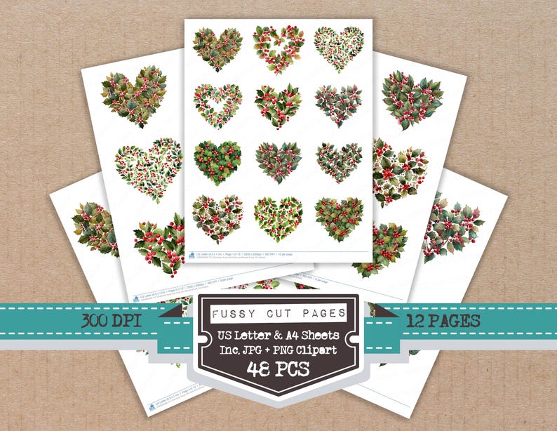 Christmas Heart With Holly and Berries Fussy Cut Sheets, 12x Printable ...
