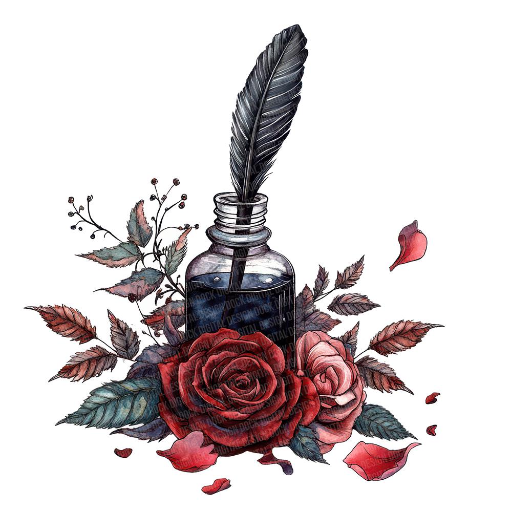 12x Feather Quill PNG Clipart, Ink Bottle With Roses Clip Art Set ...