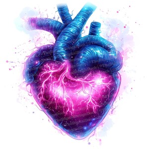 12 Electric Heart Clipart, Neon Anatomical Heart, Printable Watercolor ...