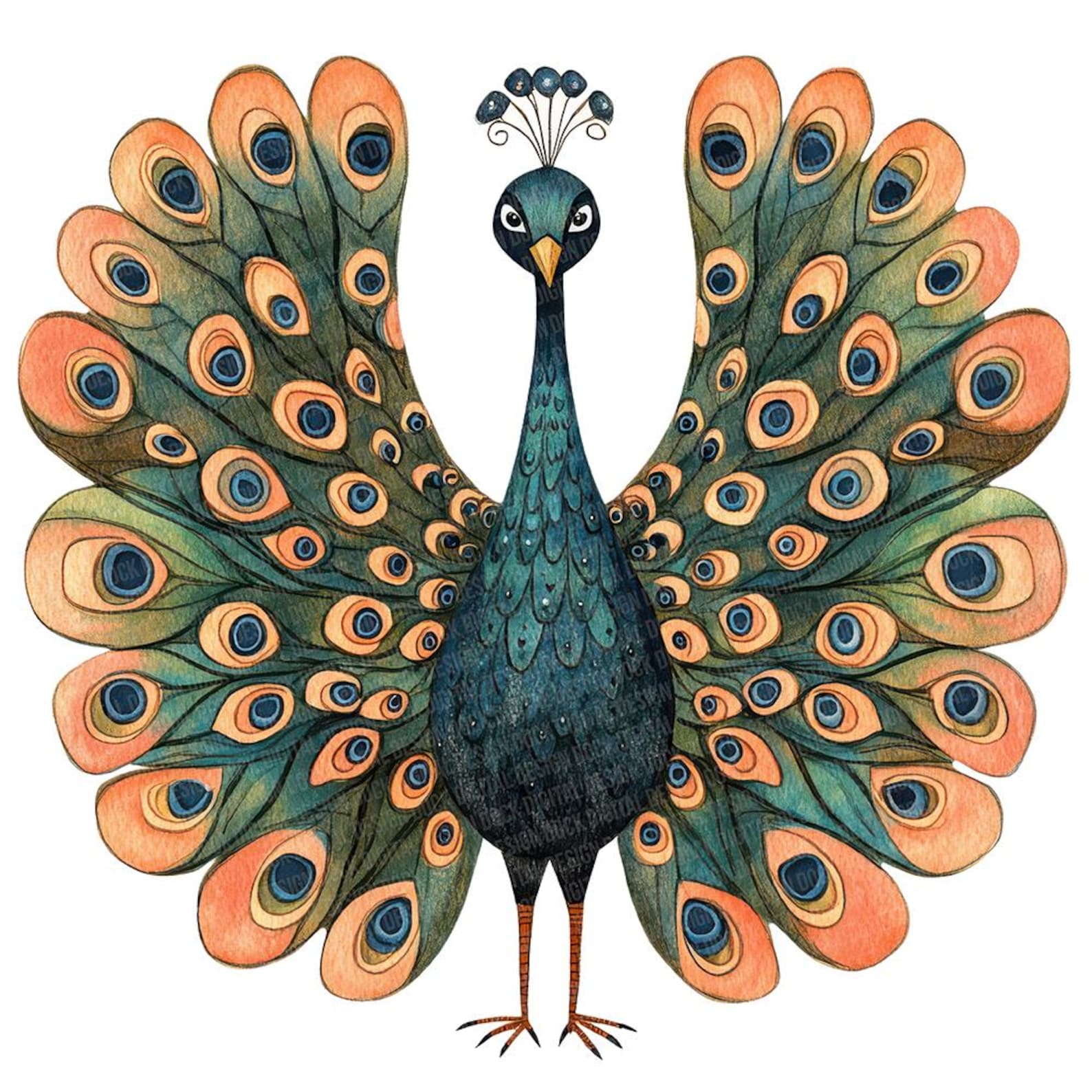 Peacock PNG Clip Art, 12x Folk Art Front Facing Peacock Clipart Set ...