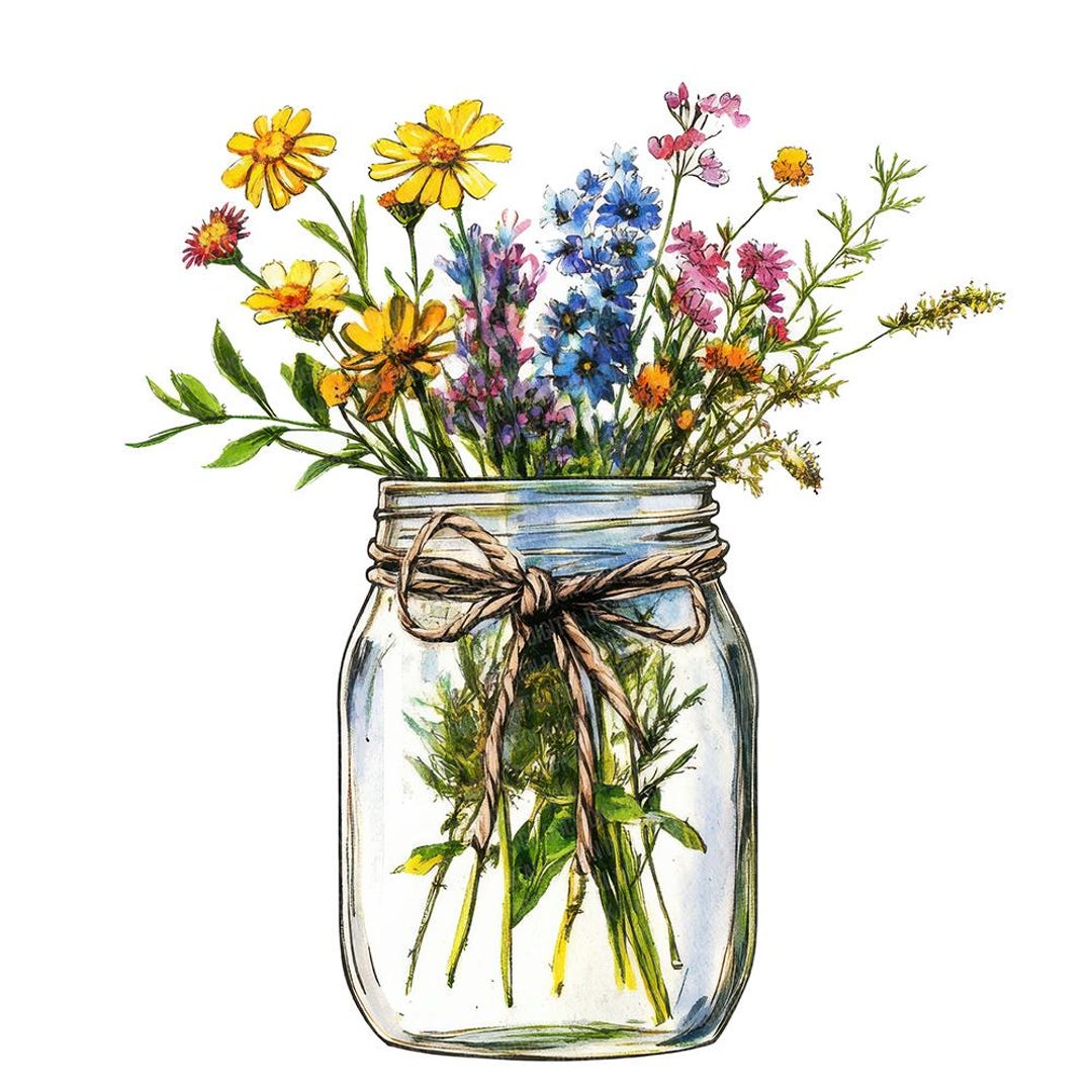 12x Floral Mason Jar PNG Clipart, Watercolor Wildflower Clip Art Set ...