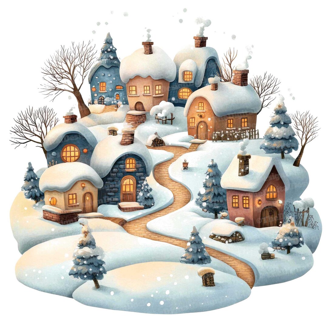 12x Winter Village Clipart, Snowy Cartoon Houses Scene, Printable ...
