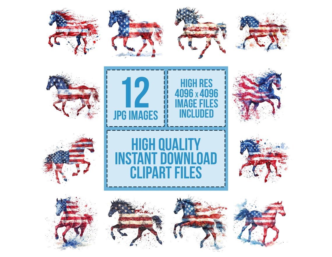 12 USA Flag Horse Clipart, American Flag Art, Watercolor Patriotic Art ...