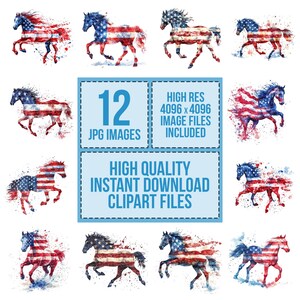 12 USA Flag Horse Clipart, American Flag Art, Watercolor Patriotic Art ...