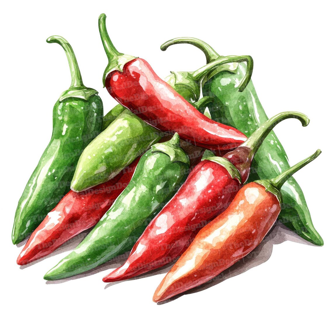 12 Red Chilli Pepper Clipart, Watercolor Green Chilis, Printable ...