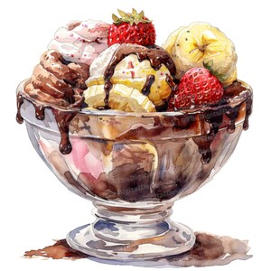 12 Banana Split Ice Cream Clipart, Watercolor Sundae Dessert Clipart ...