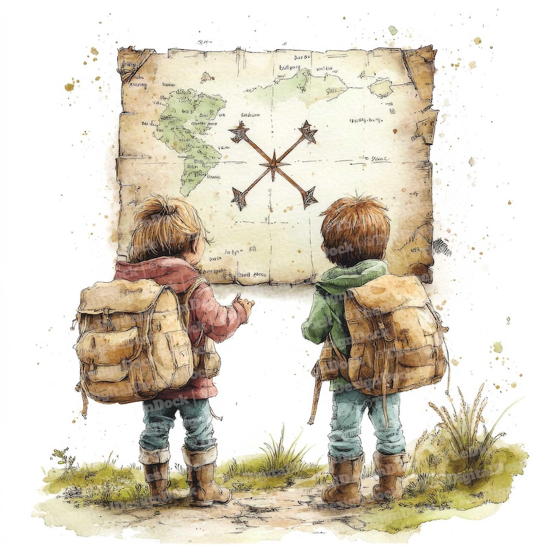 Adventure Kids Clip Art, 12x Watercolor Kids With Map Clipart Set ...