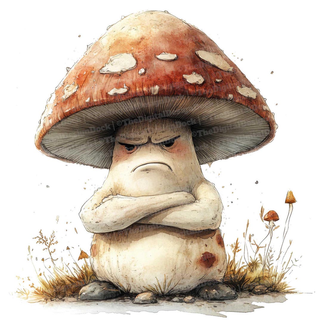 Grumpy Mushroom Clipart, 12x High Quality Jpgs, Watercolor Mushroom ...
