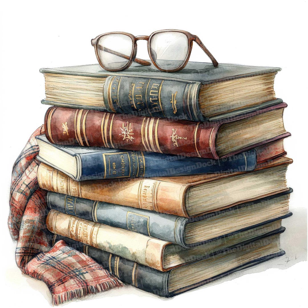 12 Vintage Books Clipart, Watercolor Stack of Books Illustration ...