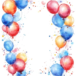 12 Balloon Border Clipart, Watercolor Party Balloons, Printable Clipart ...