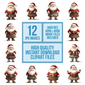 12x Scottish Santa in Kilt Clipart, Watercolor Christmas Clipart,high ...