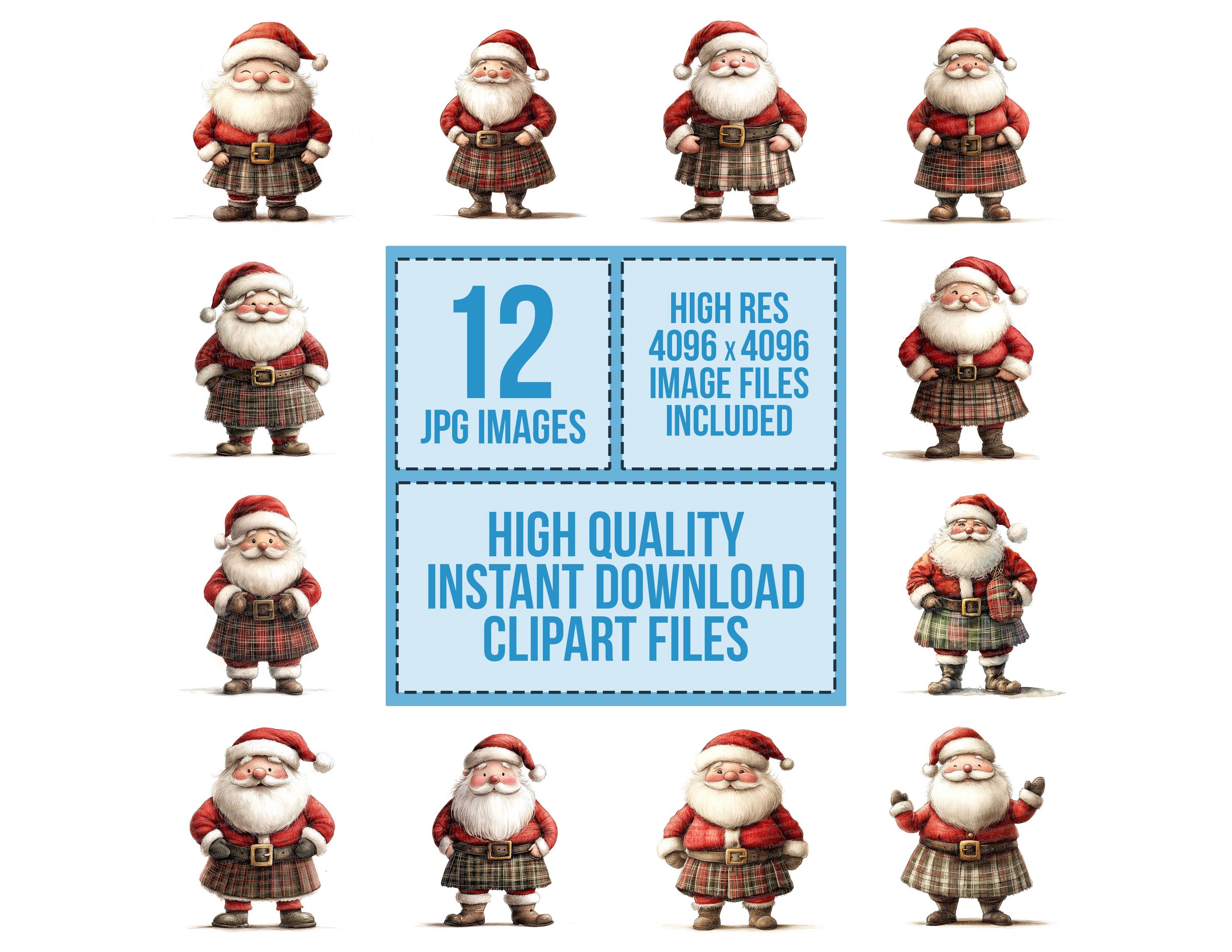 12x Scottish Santa in Kilt Clipart, Watercolor Christmas Clipart,high ...