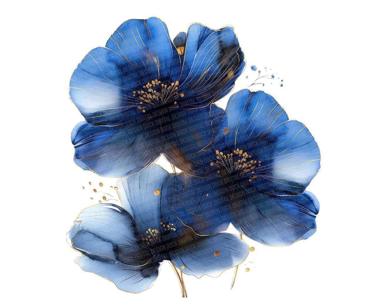 Midnight Blue Flower Clipart, 12x Watercolor Floral Clip Art Set ...