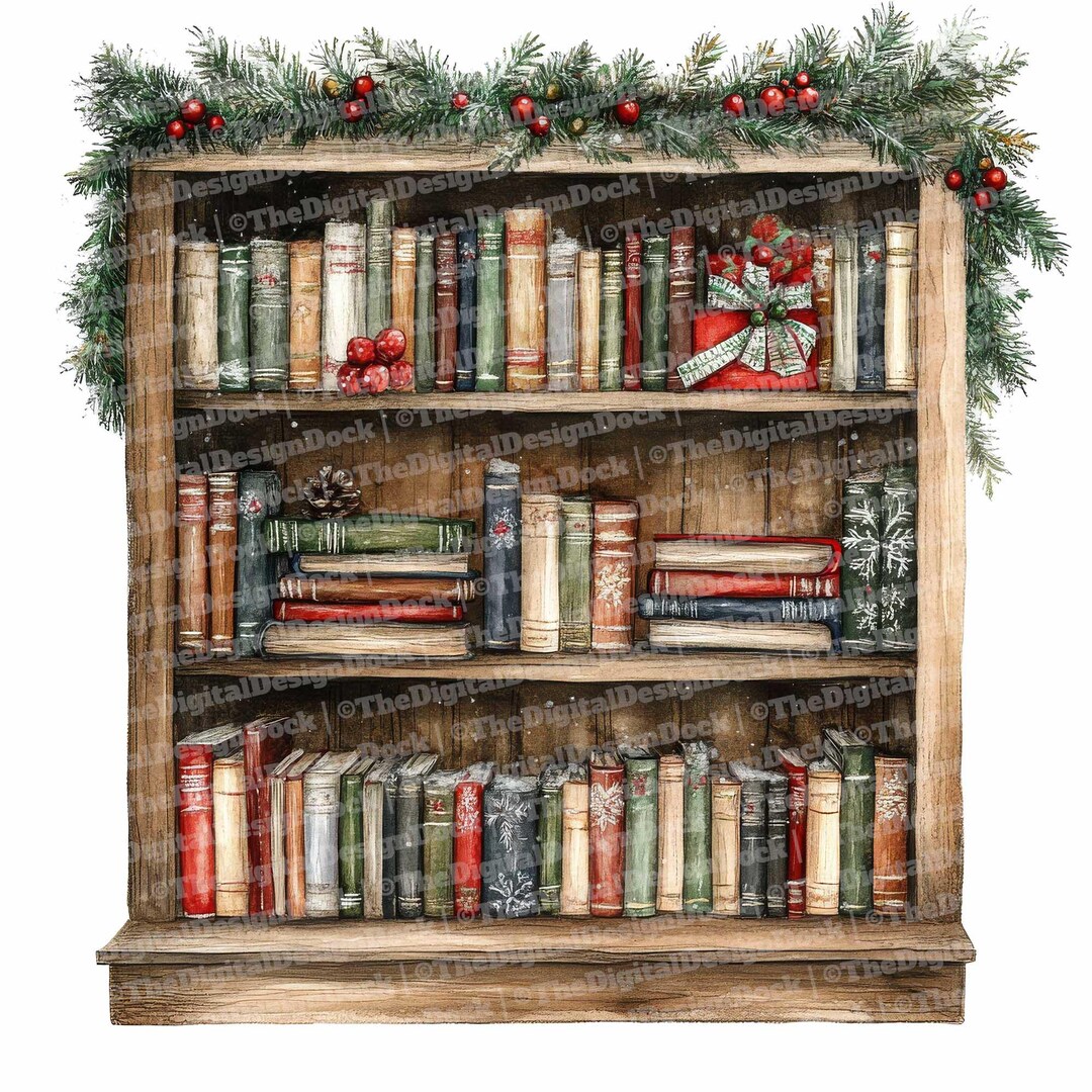 Christmas Bookshelf Clip Art, 12x Vintage Holiday Books Clipart Set ...