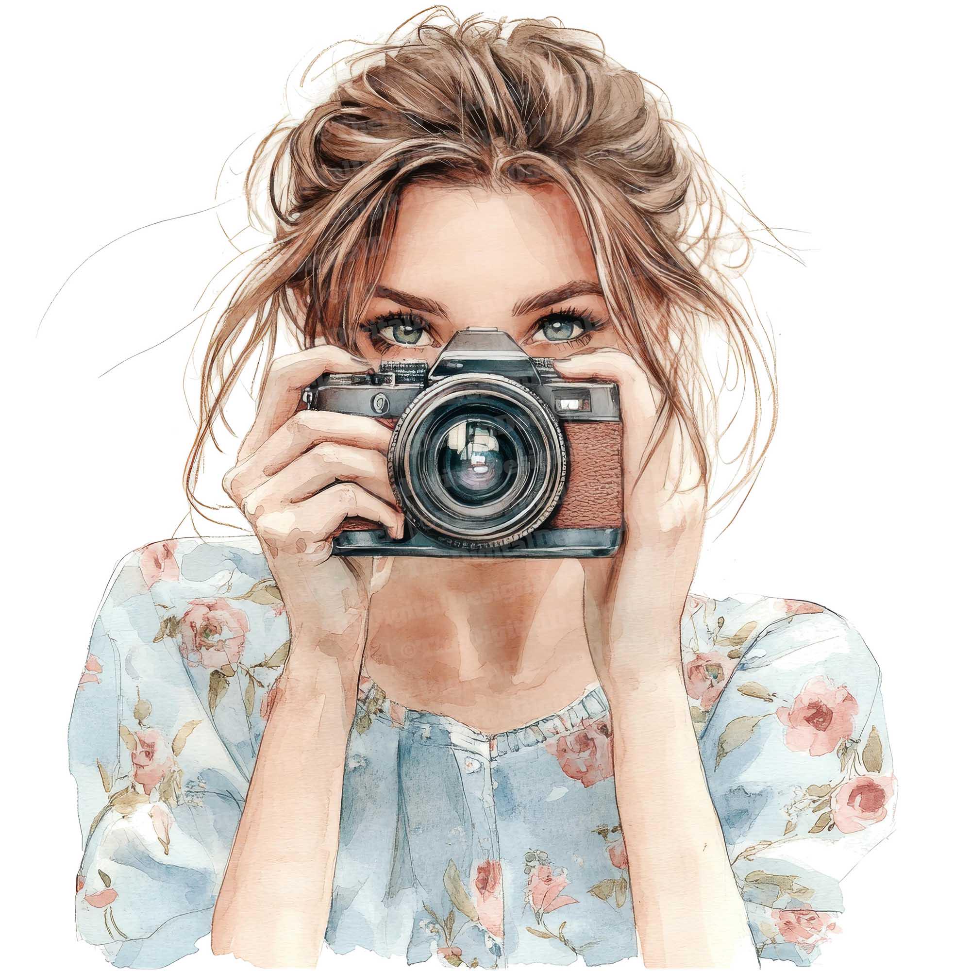 12 Watercolor Female Photographer Clipart, Woman With Camera, Printable ...
