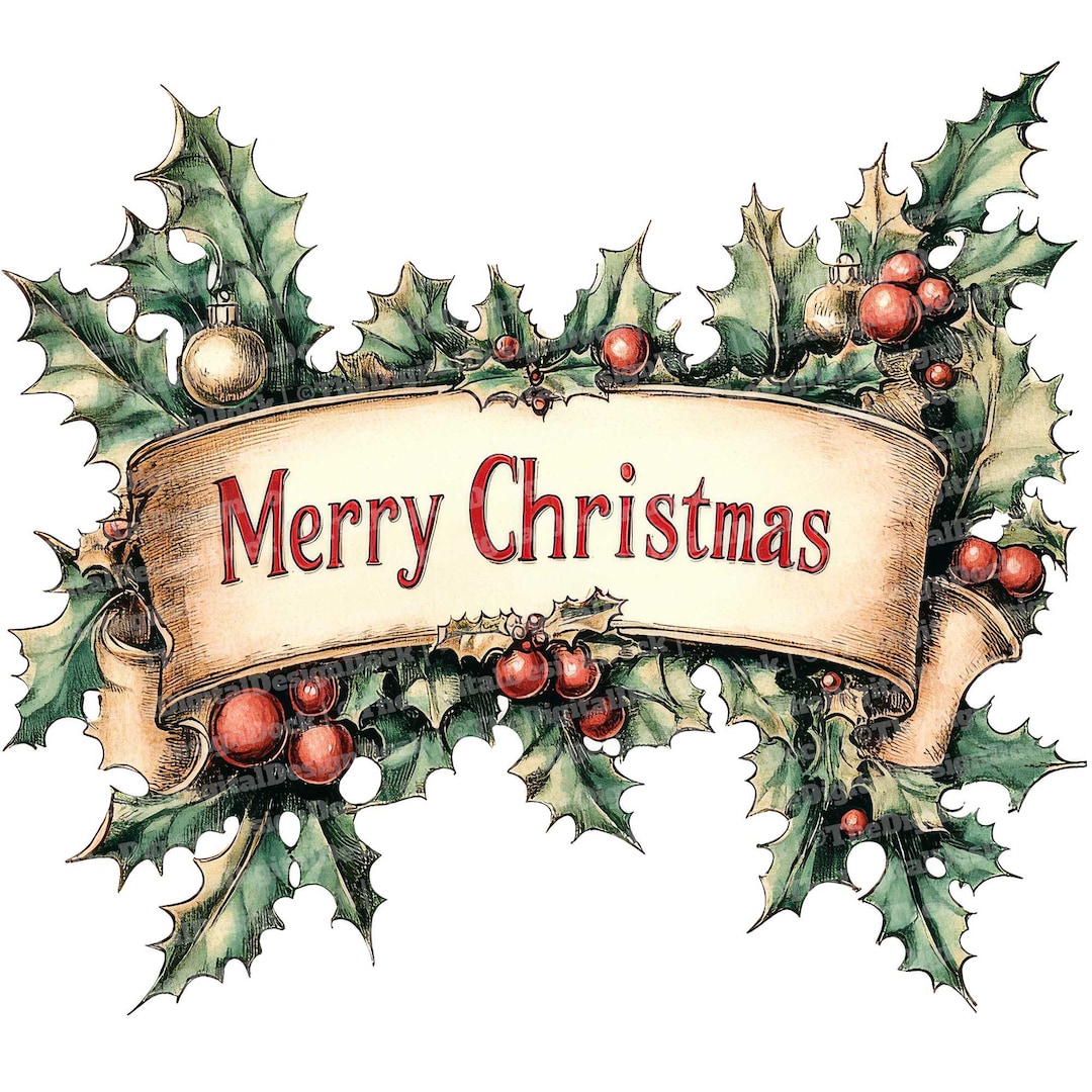 Merry Christmas Banner Clip Art, 12x Vintage Holiday Clipart Set ...